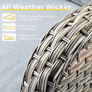 CAODOC 3-Piece Swivel Rocking Rattan Chair Outdoor, Patio Bistro Furniture Conversation Set, Cushioned Wicker Chair with Glass Coffee Table