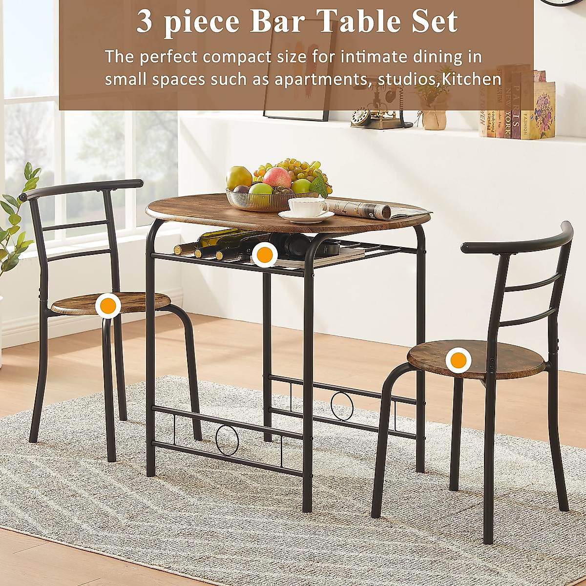 VECELO 3 Piece Small Round Dining Table Set for Kitchen Breakfast Nook, Wood Grain Tabletop with Wine Storage Rack, Save Space, 31.5", Antique & Black