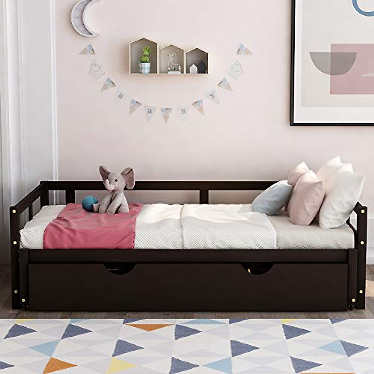RUNWON Twin to King Extendable Daybed with Trundle,Wooden Platform Bed Furniture for Bedroom