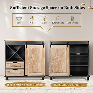 Giantex Buffet Sideboard, Coffee Bar Station with Sliding Barn Door, 2 Drawers, Wine Rack, Wood Cupboard Pantry, Farmhouse Storage Cabinet for Kitchen, Living Room (Natural & Black)