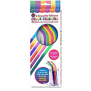 Norpro Silicone Color Changing Straws with 2 Cleaning Brushes, Set of 6