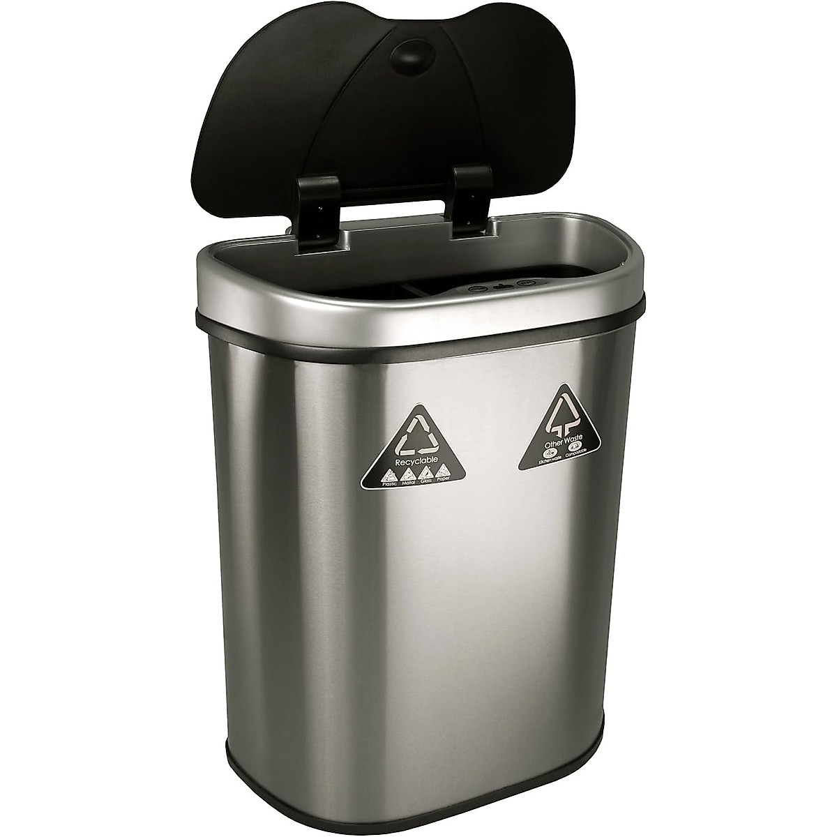 NINESTARS Automatic Touchless Infrared Motion Sensor Trash Can/Recycler with D Shape Silver/Black Lid & Stainless Base, 18 Gal, Stainless Steel