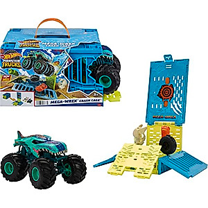 Hot Wheels Monster Trucks 1:24 Scale MEGA-Wrex Crash Cage, Oversized Storage Cage with 1 Large Toy Truck & 4 Crushable Accessories
