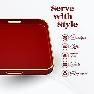 American Atelier Red Serving Tray with Gold Trimming | Square Serving Tray with Handles | Trays for Serving Food, Coffee, Tea, and More | Classic Coffee Table Tray in Red