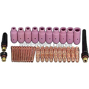 RIVERWELD 33pcs TIG Collet Body 10N28 10N30 10N31 10N32 406488 Collets Alumina nozzles 10N46 10N47 10N48 10N49 10N49 10N50 Back caps Assorted Size Fit QQ300 PTA DB SR WP 17 18 26 TIG Welding Torch