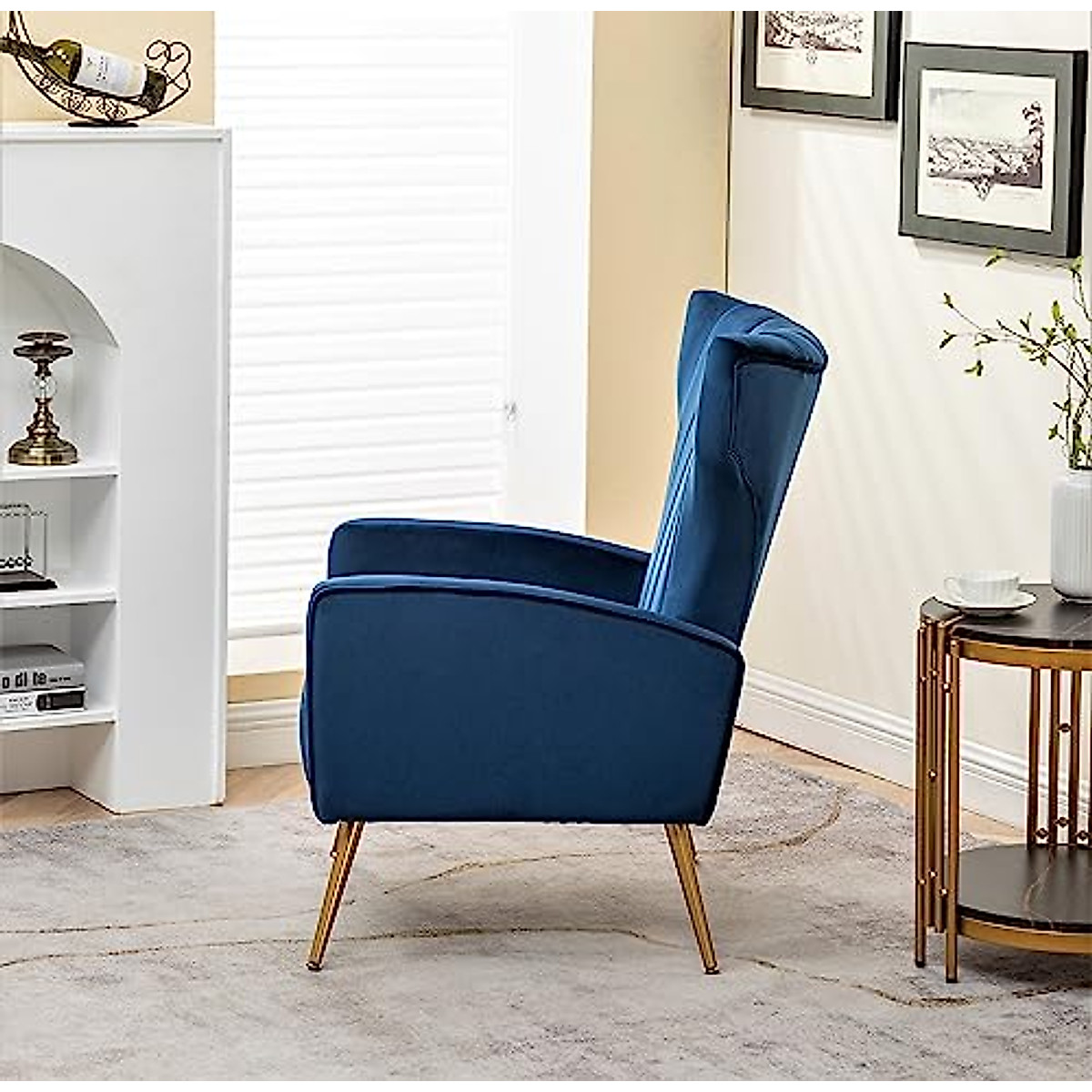 Container Furniture Direct Armchair Modern Velvet Accent Chair, Channel Tufted Bedroom, Office or Living Room Furniture with Elegant Metal Legs, Blue