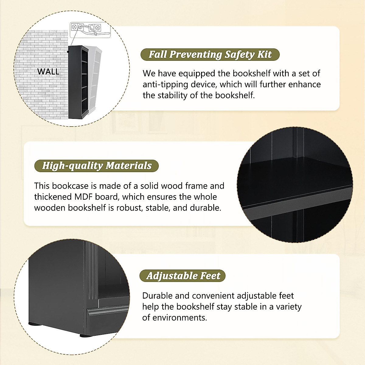 Modern 83" Tall Bookshelf Suite, 5 Tier Bookshelf with Adjustable Shelves, Storage Organizer for CDs/Books/Movies, Free Standing Wood Book Shelves Suite for Living Room Study Room Office, Black