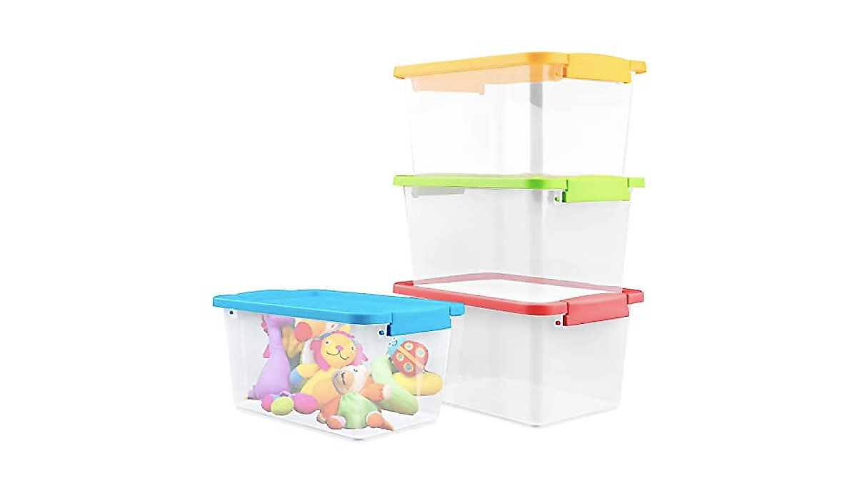 Get 4 Pack Small Stackable Storage Bins with Lids - Mixed Colors