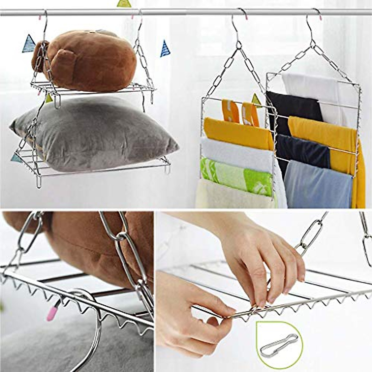 Beerty Foldable Shoes Drying Rack with 36/100 Hooks Clips Stainless Steel Clothes Airer Hanger Rack for Home and Outdoor