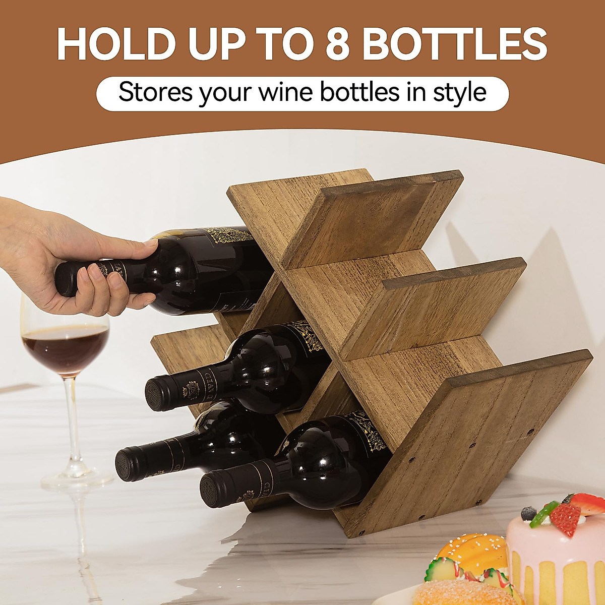 KIRIGEN 8-Bottle Countertop Wine Rack - Wine Bottle Holder for Bar Table/ Wine Cabinet Free Standing - Wood 3-Tier Wine Display and Storage Shelves Dark Brown XHJJ3-DBR
