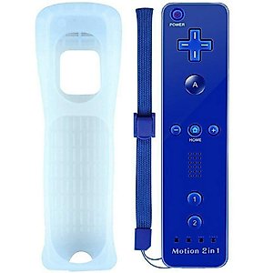 Built-in Motion Plus 2 in 1 Wireless Remote Controller Gamepad Joystick for Nintendo Wii/Wii U, w/Silicone Case & Hand Strap (Blue)