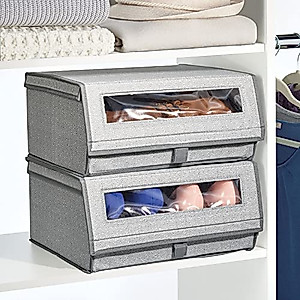 mDesign Large Fabric Closet Shoe Storage Box w/Clear Window - Shoe, Sandal, Sweater, Linen, Clothes Organizer - Boot Storage Solutions - Shoe Bin - Lido Collection, 4 Pack, Gray Herringbone