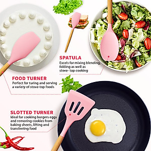 Caliamary Silicone Kitchen Utensil Set, 11 Pieces Cooking Utensil with Wooden Handles, Utensil Holder for Nonstick Cookware, Spoon, Soup Ladle, Slotted Turner, Whisk, Tongs, Brush, Pasta Server (Pink)