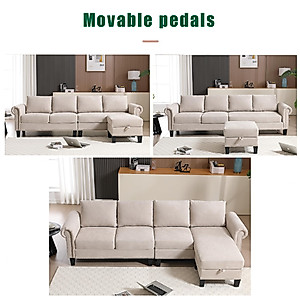 Ball & Cast 106" Convertible Sectional Sofa with Storage Chaise, Linen Upholstered 4 Seater Couch with Back Cushions and Removable Ottoman for Living Room, Apartment, Office,Beige