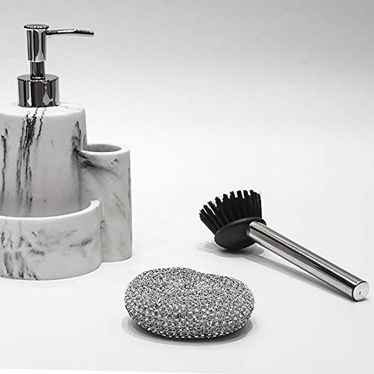 Heylian Marble Soap Dispenser with Sponge Holder and Brush Holder for Kitchen Sink Bathroom Countertop