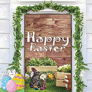 ZDX Happy Easter Door Banner Rustic Wooden Floor Banner Spring Bunny Egg Flower Rustic Farmhouse Easter Party Backdrops Door Banner