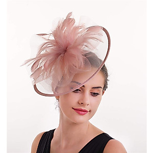 SAFERIN Fascinator Hair Clip Cocktail Hat Bowler Feather Flower Derby Kentucky Veil Wedding Party Hat Tea Fascinators (a-Skin Pink)