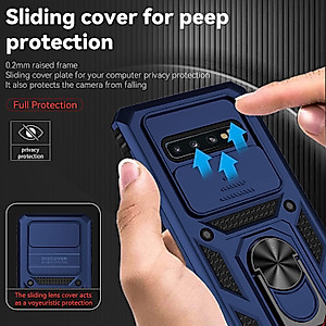for Samsung Galaxy S10 Case with Camera Lens Cover HD Screen Protector, Dual Layer Military-Grade Drop Tested Magnetic Ring Holder Kickstand Protective Phone Case for Samsung Galaxy S10 (Navy Blue)