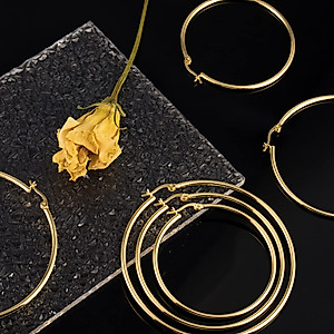 3 Pairs 14k Gold Plated Large Hoop Earrings Set - 50/60/70mm Diameter Hypoallergenic Sterling Silver Post