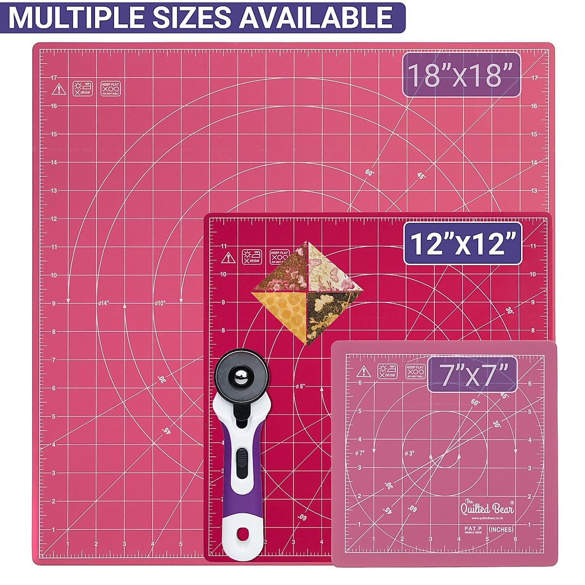 The Quilted Bear Rotating Cutting Mat 12" x 12" - Square Self Healing 360° Rotating Craft Cutting Mat with Innovative Locking Mechanism for Quilting & Sewing Your Choice of Colours Available! (Pink)