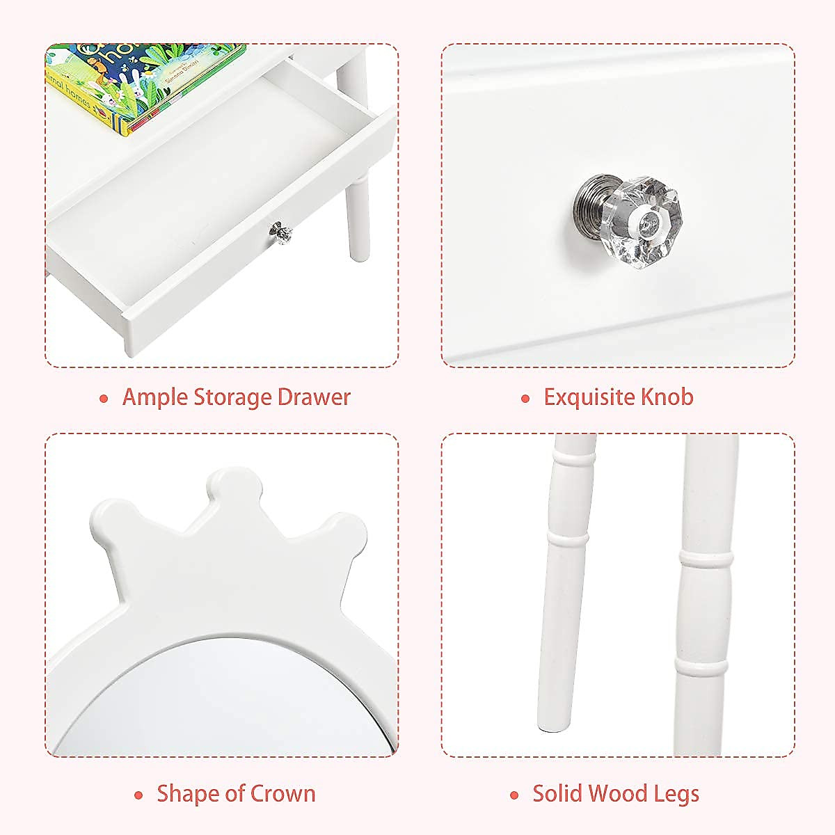 HOMGX Kids Vanity Set, Princess Beauty Dressing Wooden Table and Chair Vanity Set, Little Girls Pretend Makeup Play Set with Crown Mirror & Cushioned Stool, Children’s Room Furniture (White)