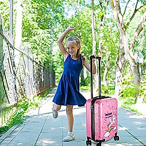 Weewooday Kids Luggage and Backpack 18" Suitcase with Spinner Wheel Hard Case Travel 13" Backpack Girl Suitcase Set for Kids Travel Supplies(Pink,Unicorn Style)