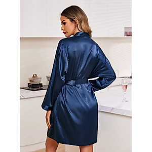 eshion Women's Satin Pajama Set 3 Pcs Silk Robe Set Sexy Lace Trim Cami Pjs Set with Shorts(Navy,Medium)