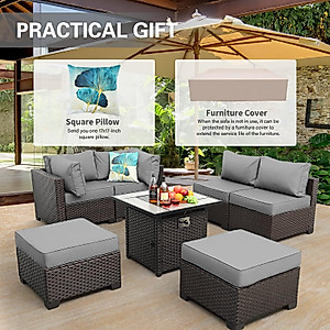 WAROOM Outdoor Patio Furniture Set 7 Pieces Sectional Sofa Brown Rattan Conversation Couch with PE Wicker Propane Fire Pit Table, Non-Slip 5" Thick Grey Cushion and Furniture Cover