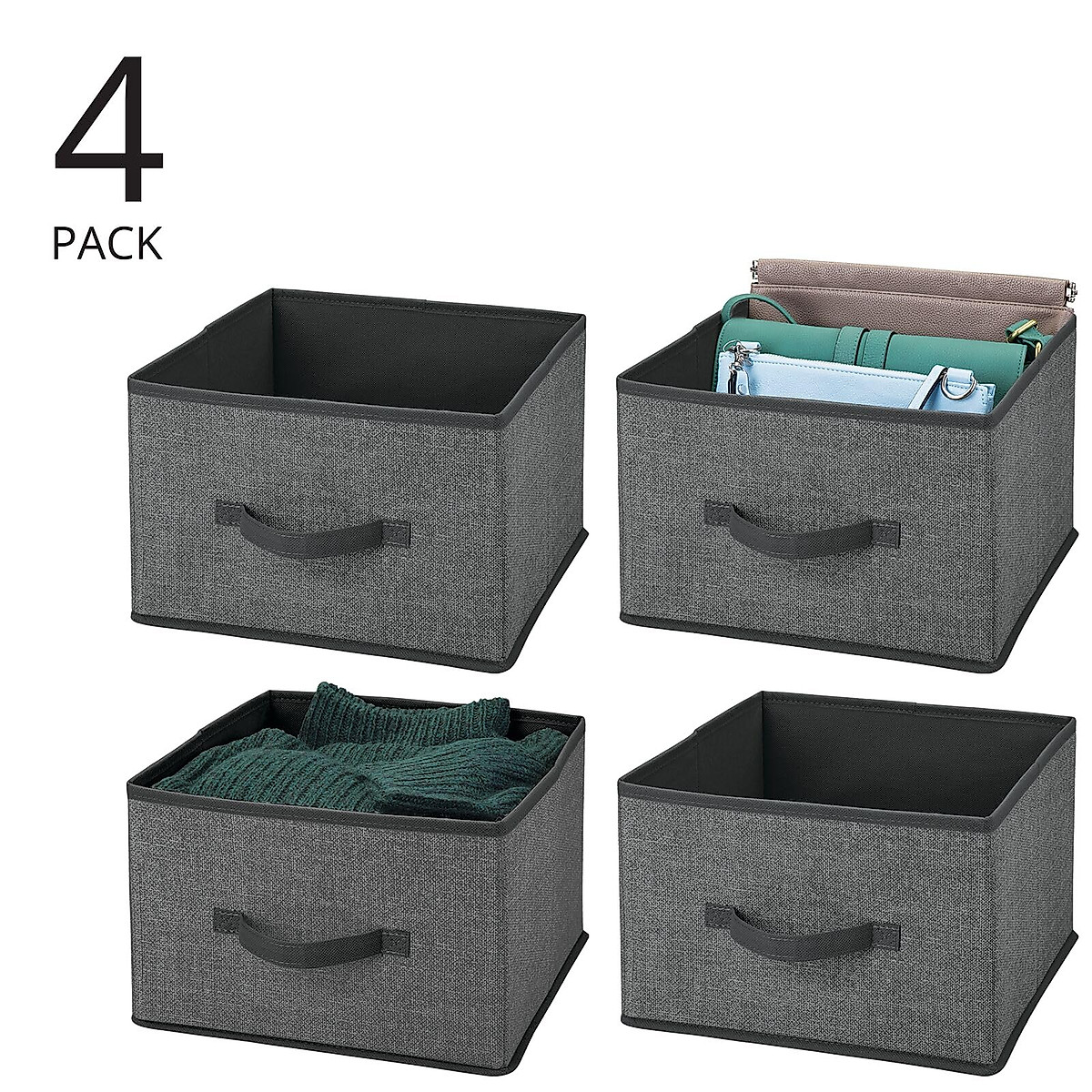 mDesign Fabric Bin for Cube Organizer - Foldable Cloth Storage Cube - Collapsible Closet Storage Organizer - Folding Storage Bin for Clothes and More - Lido Collection - 4 Pack - Charcoal Gray/Black