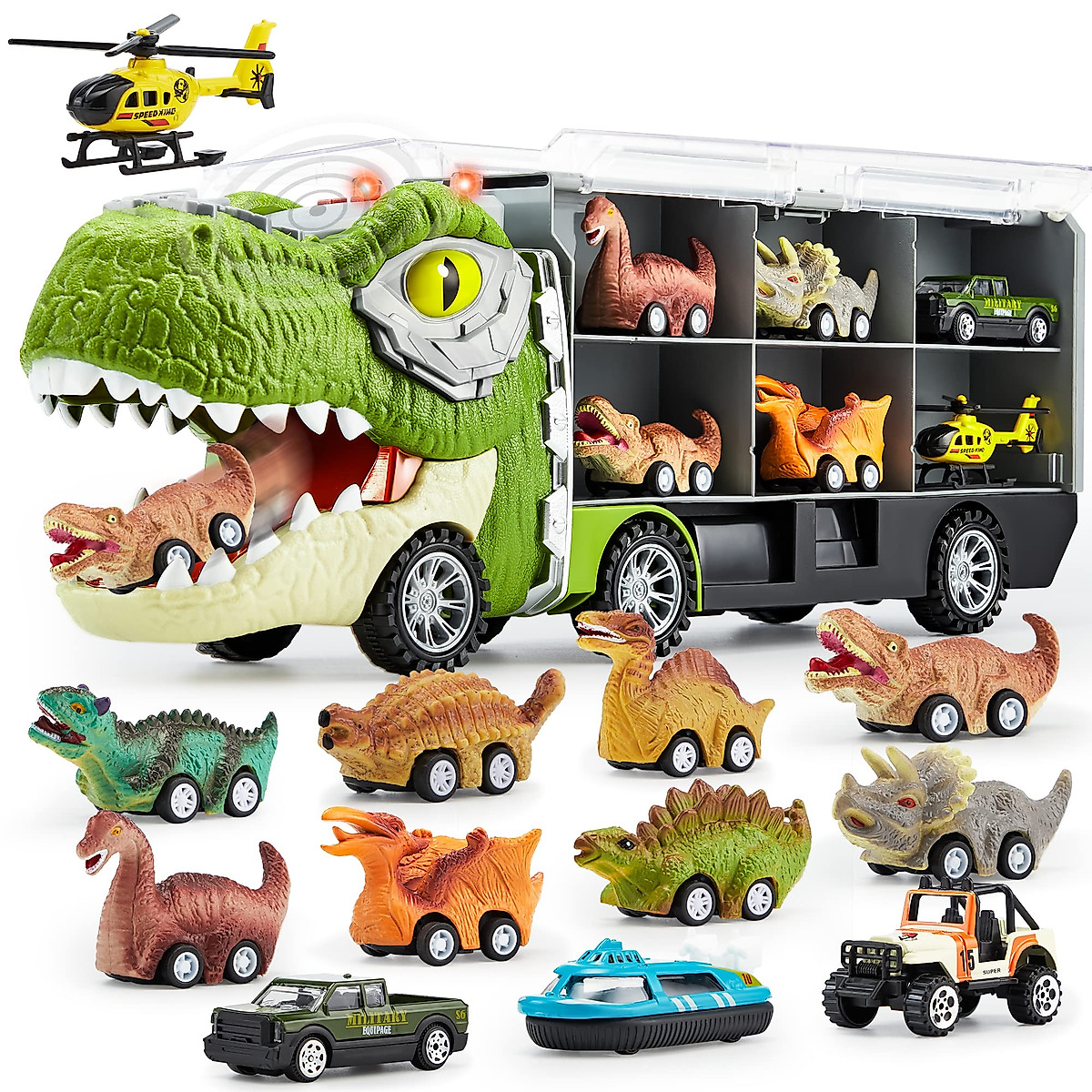 JOYIN 31PCS Dinasaur Toy Set, with 12 Pull Back Dinosaur Car Vehicles, 1 Toy Dinosaur Transport Carrier Truck with Music and Roaring Sound, 18 Piece Pull Back City Cars and Trucks Toy Vehicle