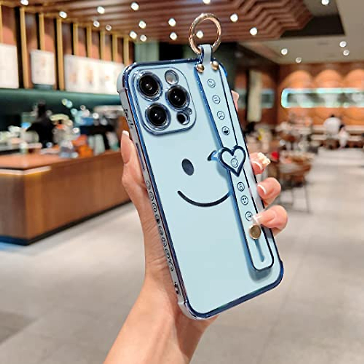 Hosgor iPhone 13 Pro Max Case for Women, Bling Glitter Plating Cover with Strap & Camera Lens Protection Soft TPU Shockproof Bumper Phone Case for iPhone 13 Pro Max 5G 6.7inch (Blue)