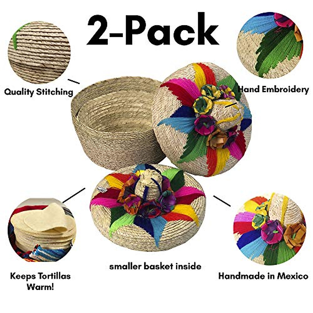 2-Pack Genuine Mexican Handwoven Tortilla Basket | Fiesta Mexican Tortilla Warmer |Tortilla Holder |Tortillero | Palm Straw Baskets Handmade in Mexico | Mexican Bowls (1, Floral)