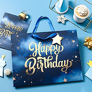 WRAPAHOLIC 13" Large Gift Bag with Card and Tissue Paper - Navy Star Gold Foil Happy Birthday