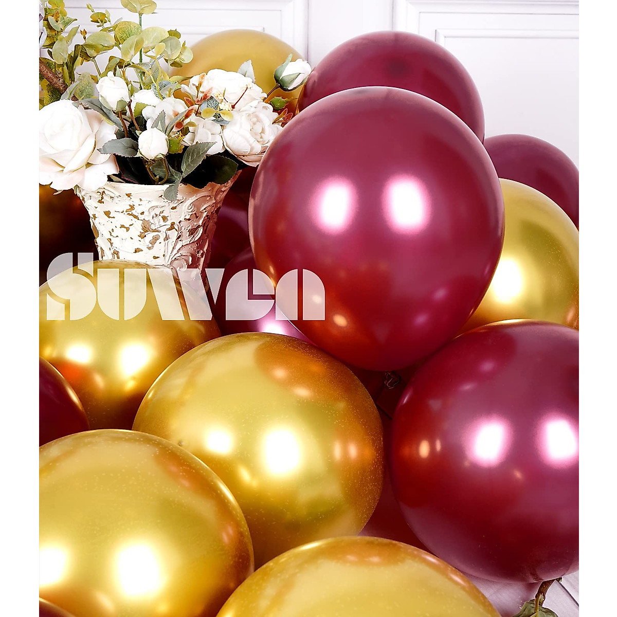 SUWEN Burgundy and Gold Balloons Set 63PCS Latex Shiny Helium 12 Inch Maroon Gold Balloons Metallic for Birthday Graduation Anniversary Party Decorations