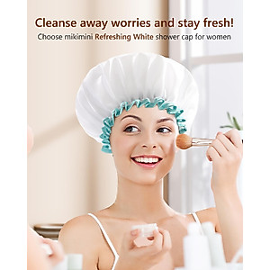 mikimini White Shower Cap for Long Hair 1 Pack, 12 inch large size,Waterproof Washable Hair Caps for Women and Girls, Super Cute and Extra Large