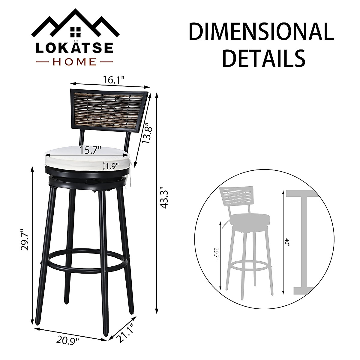 LOKATSE HOME 2 PCS Outdoor Swivel Barstools, Patio Bar Chairs with Wicker Back and Cushions for Backyard Deck Lawn Garden