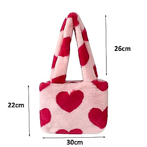 Plush Shoulder Bag Hobo Bag Small Fluffy Purse Love Pattern Clutch Bag Winter Furry Handbag Underarm Purse for Women