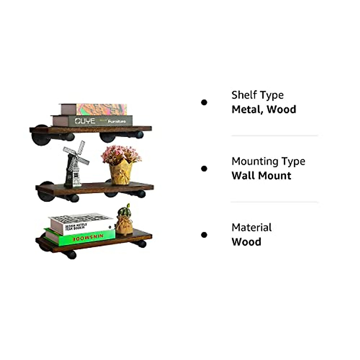 MANTE BLONG QTSARTISAN Floating Shelves with Industrial Pipe Brackets Rustic Set of 3, Wall Mounted Wood Shelving Storage Home Decor for Living Room Bedroom Bathroom Kitchen Office 17" x 7.1", Brown