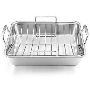 Leonyo Roasting Pan with V-shaped Rack, Stainless Steel Rectangular 16” Turkey Roaster Pan with Handles for Chicken Lasagna Vegetables Brownie, Non-stick Roasting Rack, Heavy Duty Dishwasher Safe