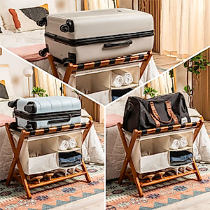 DomeNest Folding Luggage Rack for Guest Room with Laundry Bag - Heavy Duty Space Saving Baggage Suitcase Stand Storage Shelf Made from Natural Bamboo - Fully Assembled Foldable Hotel Bedroom Luggage Holder