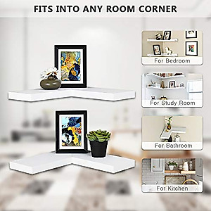 WELLAND Floating Corner Shelf Set of 2, White Wall Mounted Display Shelf with Concealed Hardware for Bedroom, Kids Room, Living Room, Bathroom and Kitchen