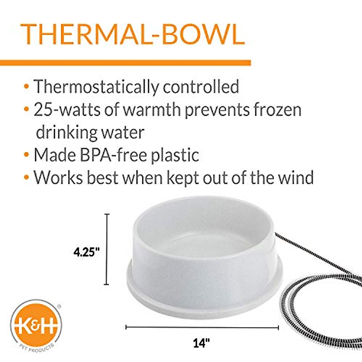 K&H Pet Products Thermal-Bowl Outdoor Heated Cat & Dog Water Bowl Granite 1.5 Gallons