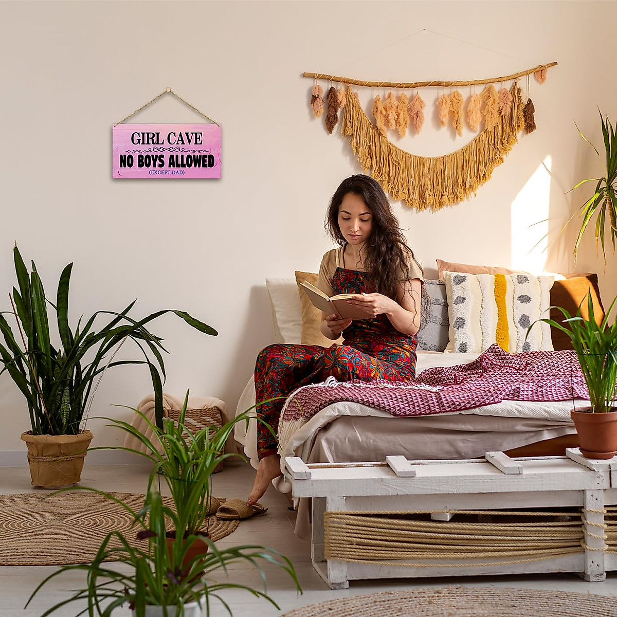 Pink Bedroom Décor Wood Plaque Sign Wall Hanging, Girl Cave No Boys Allowed Except Dad, Decor Door Wooden Hanging Sign (1pc), Art Gift for Farmhouse Bathroom Bedroom Playroom -01