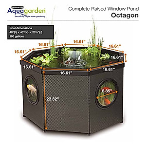 Pennington Aquagarden, Complete Raised Window Pond Kit - Octagon, Water Feature Pool, Includes Inpond 5 in 1 300 Pond & Water Pump with UV Clarifier, 106 Gallon Decking Pond, Three Fountain Displays,