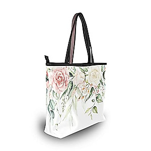 Bolaz Tote Bag with Zipper Women Pink & White Rose Flower Floral Handbags Pockets Shoulder Bag Work Large Office