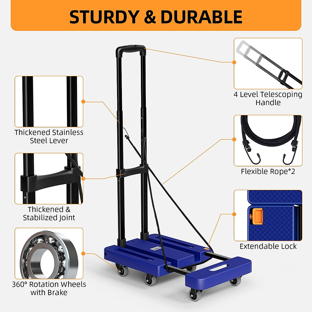 Folding Hand Truck, 500 LB Heavy Duty Luggage Cart, Utility Dolly Platform Cart with 6 Wheels & 2 Elastic Ropes for Luggage, Travel, Moving, Shopping, Office Use, Blue