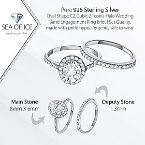 925 Sterling Silver 8x6mm Oval Shape CZ Cubic Zirconia Halo Anniversary Wedding Band Engagement Ring Bridal Set, Sizes 5 to 10 Silver