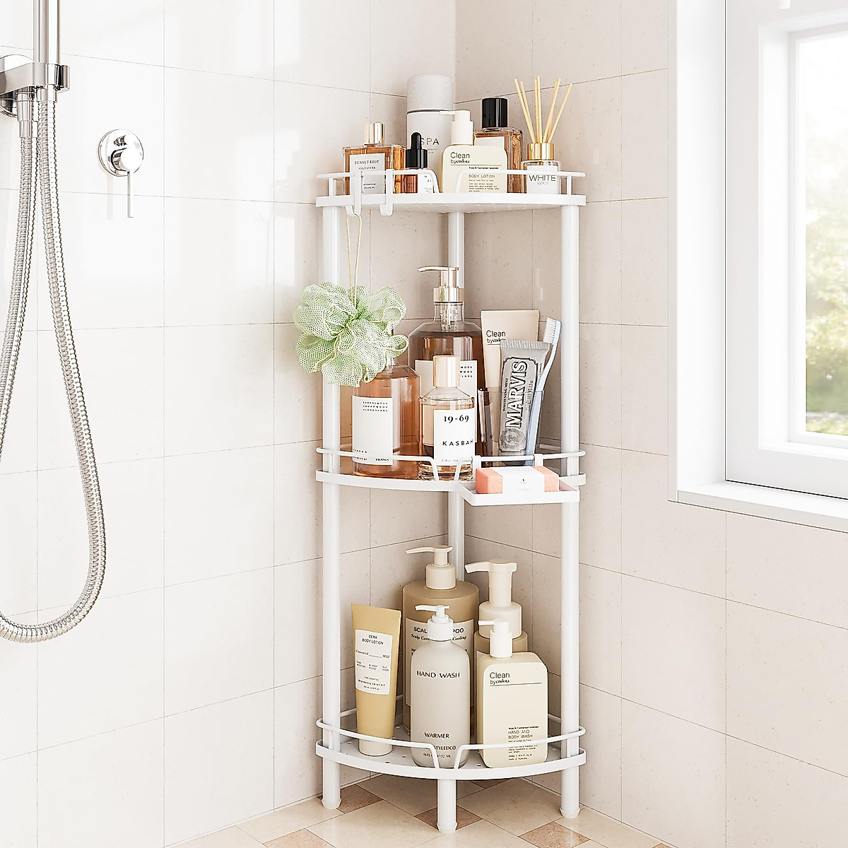 ELYKEN Corner Shower Caddy Standing, 3 Tier Rustproof Metal Shower Organizer with Soap Holder, Floor Shower Corner Shelf Rack Storage Stands with Adjustable Feet & 2 Hooks for Bathroom, White
