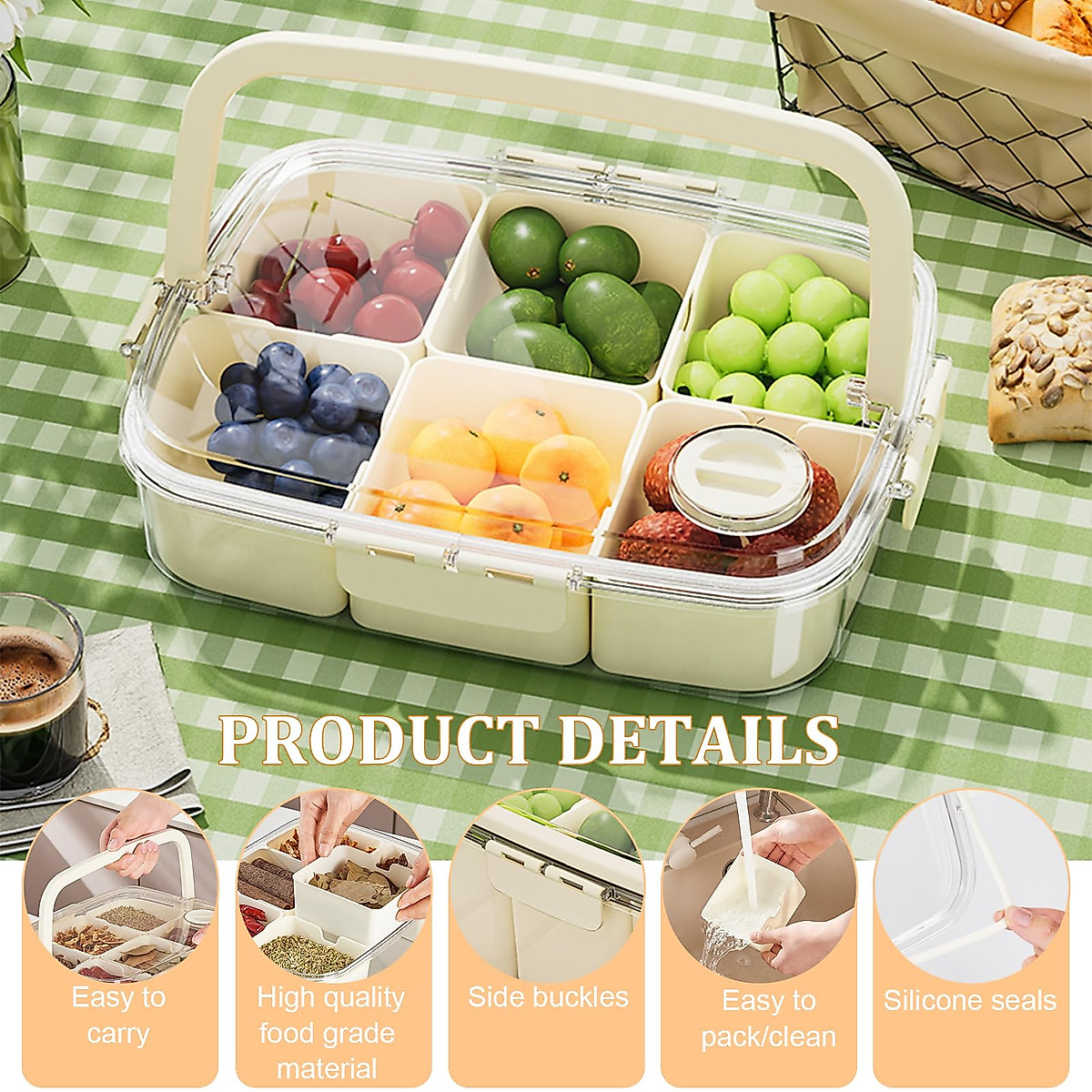 Hutuzldz Divided Serving Tray with Lid, 6 Compartments Snackle Box Charcuterie Container, Portable Snack Platters for Fruit, Nuts, Vegetable, Entertaining, Party, Picnic (1 pack 6 Compartments)