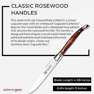 Laguiole California Steak Knives - 6 Piece Rosewood Set - Ergonomic Handles - Stored in a California Oakwood Gift Box - Extremely Sharp Straight Steel Blades are Thick Gauge, Full Tang